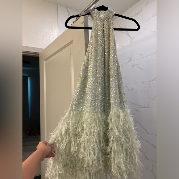 ASOS | Dresses | Asos Edition Sequin Halter Mini Dress With Faux Feather Hem In Sage Green ...